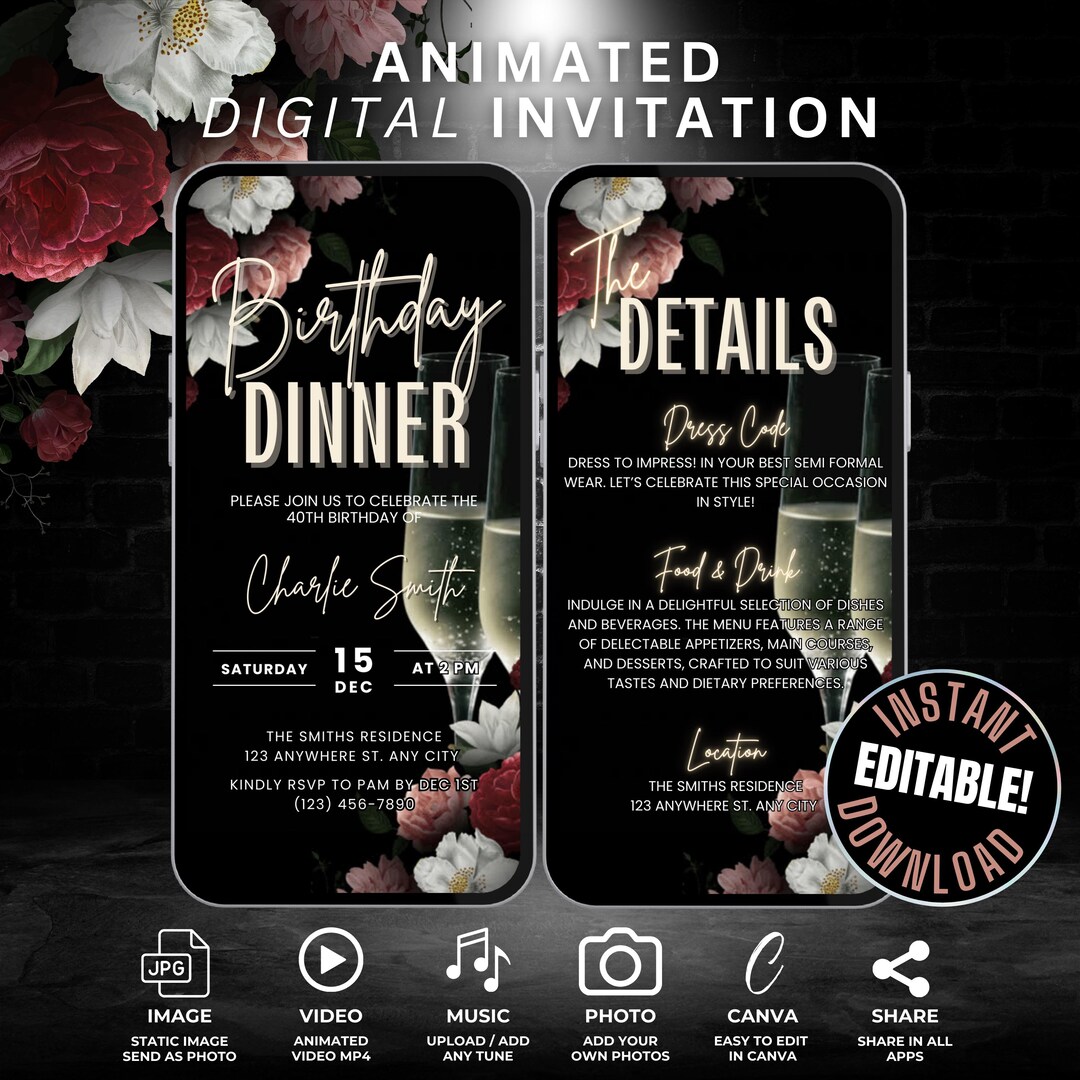 Animated Birthday Dinner Invite Template With Details, Self Edit Floral ...