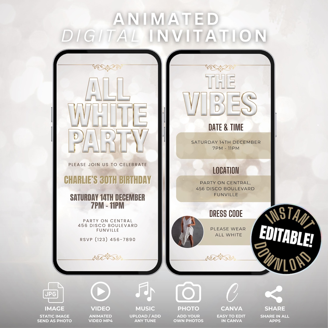 Digital All White Party Invite Editable Birthday Dinner Invitation, All ...