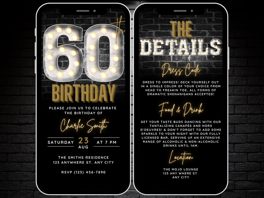 60th Birthday Invitation for Men, 60th Digital Invite Black Gold ...