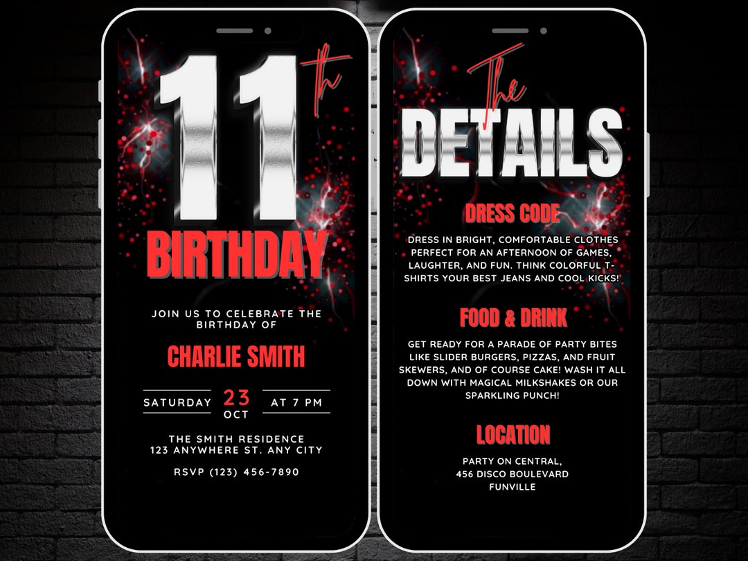 Boys 11th Birthday Invitation Silver Red 11 Year Old Birthday Video ...