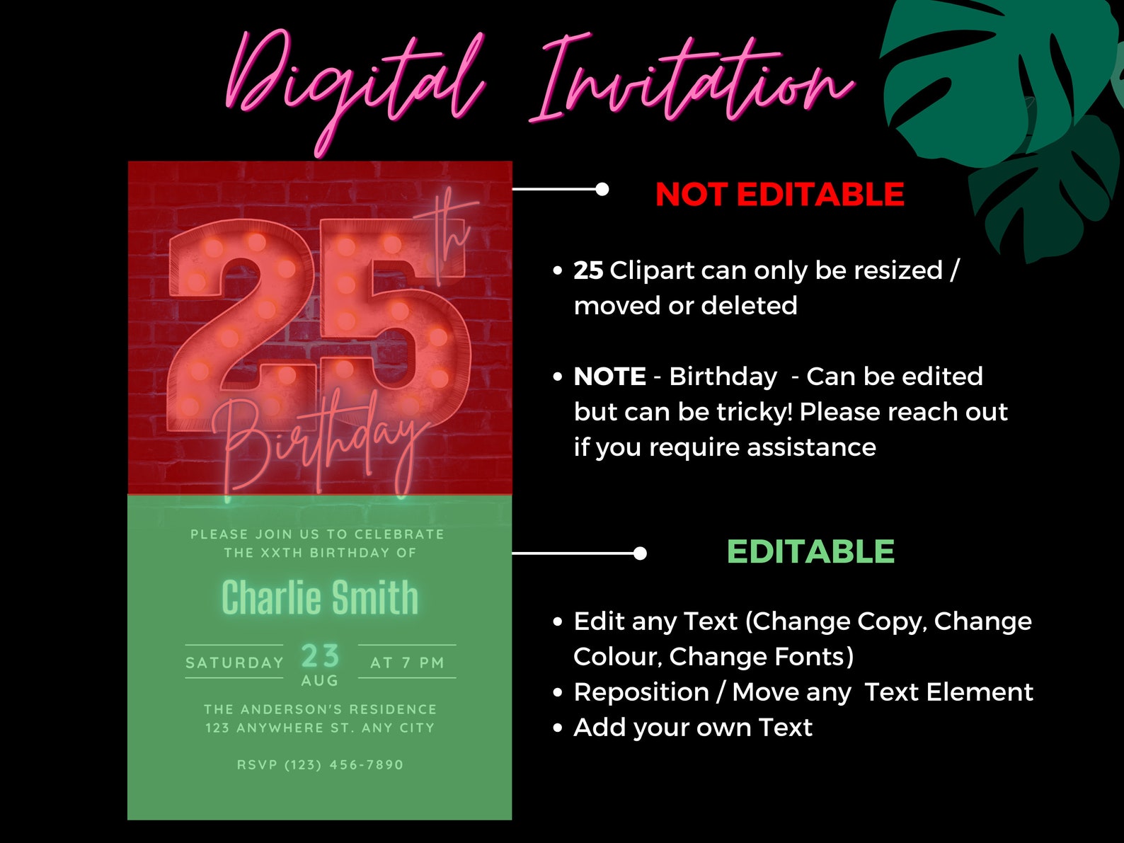 Editable 25th Birthday Invitation for Men Digital Template, Adult ...