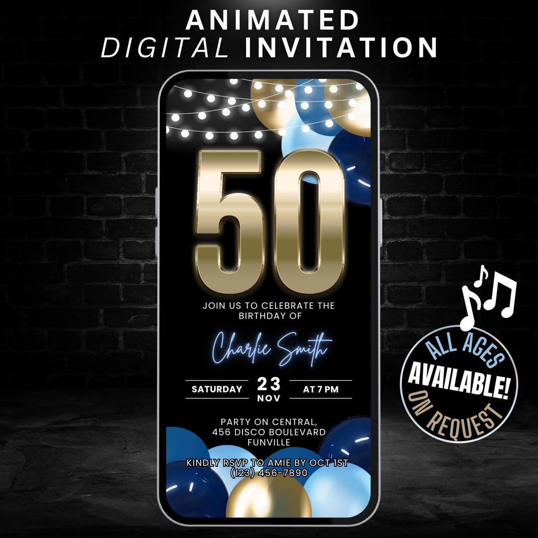 Digital 50th Birthday Party Invitation Template, Editable Animated Blue ...