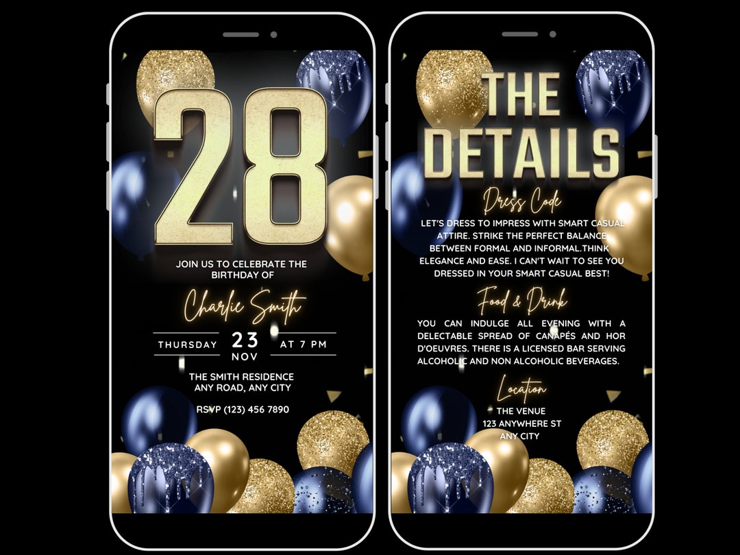 Blue & Gold 28th Birthday Invitation, 28th Party Invite, 28th Surprise ...