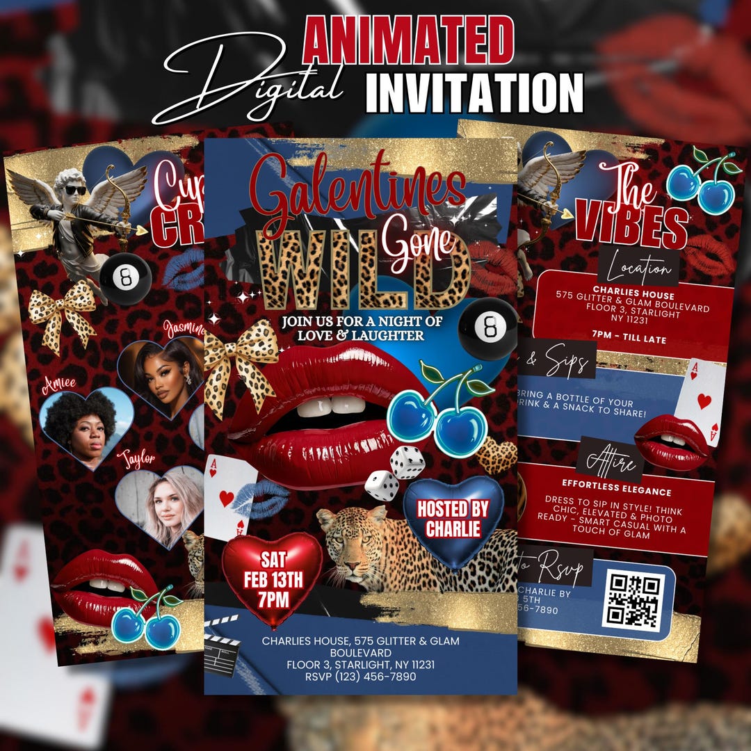 Digital Blue Cheetah Galentines Day Party Invitation Template Red ...