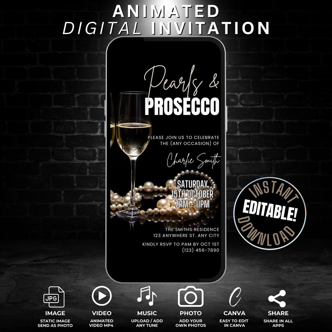 Digital Pearls & Prosecco Invitation Template, Self Edit Animated ...