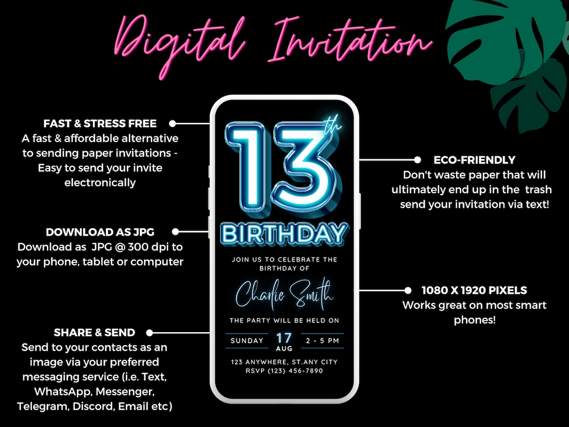 13th Birthday Invitation Template, 13th Birthday Invite for Boys ...