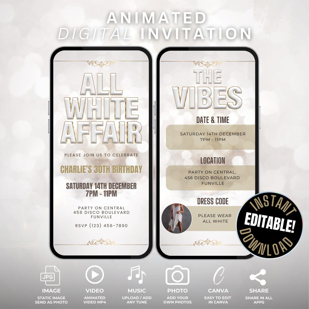 All White Party Invitation Digital Editable Birthday Dinner Invite, All ...