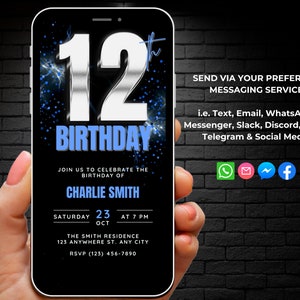 Boys 12th Birthday Invitation, Animated Silver Blue 12 Birthday Party ...