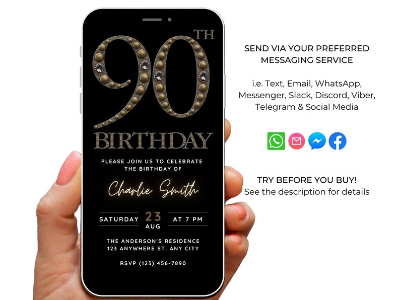 Digital 90th Birthday Invitation for Him, 90th Birthday Invite Man, 90 ...