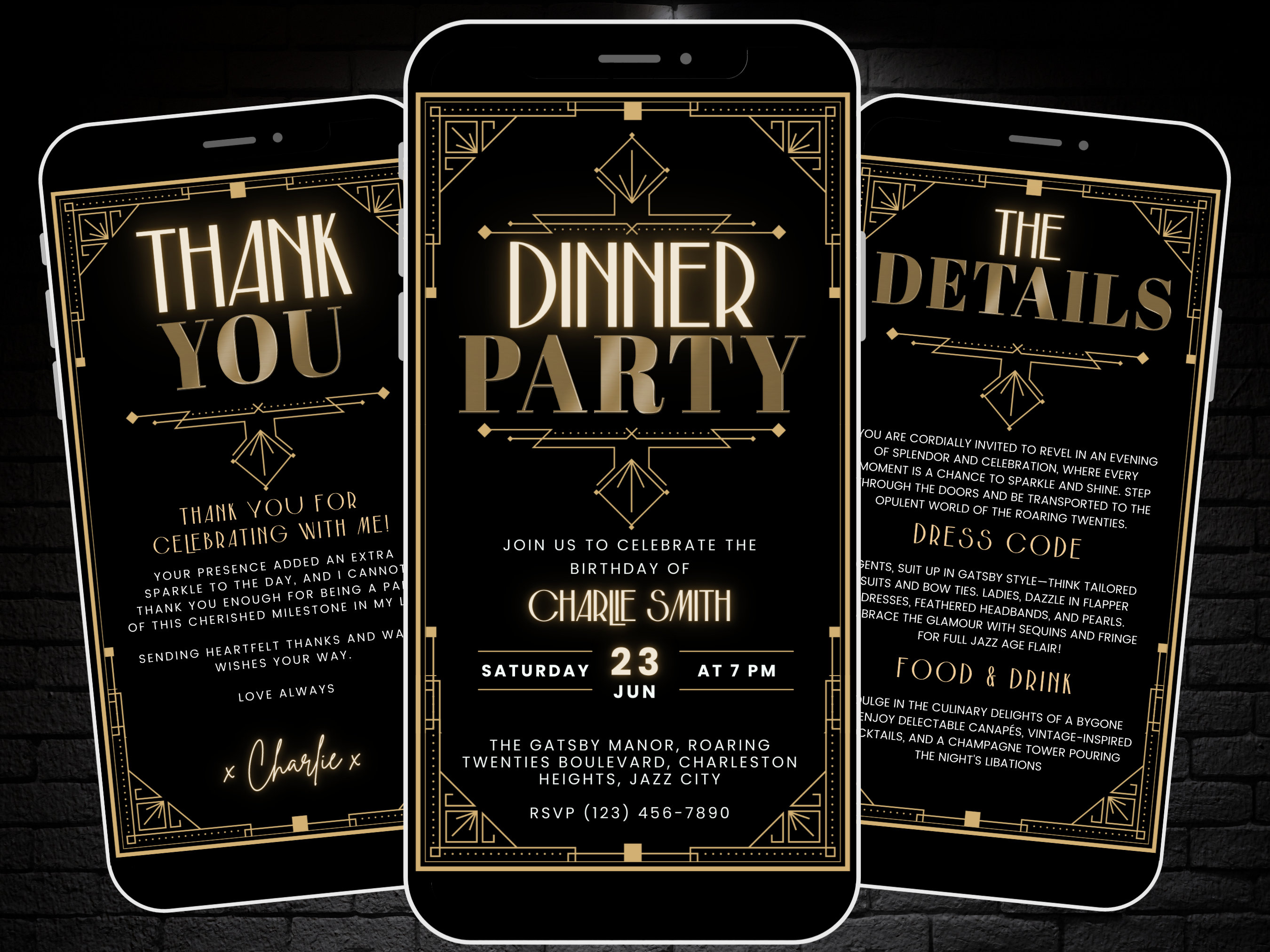 Editable Dinner Party Invitation Template, 1920s Gatsby Themed Invite ...