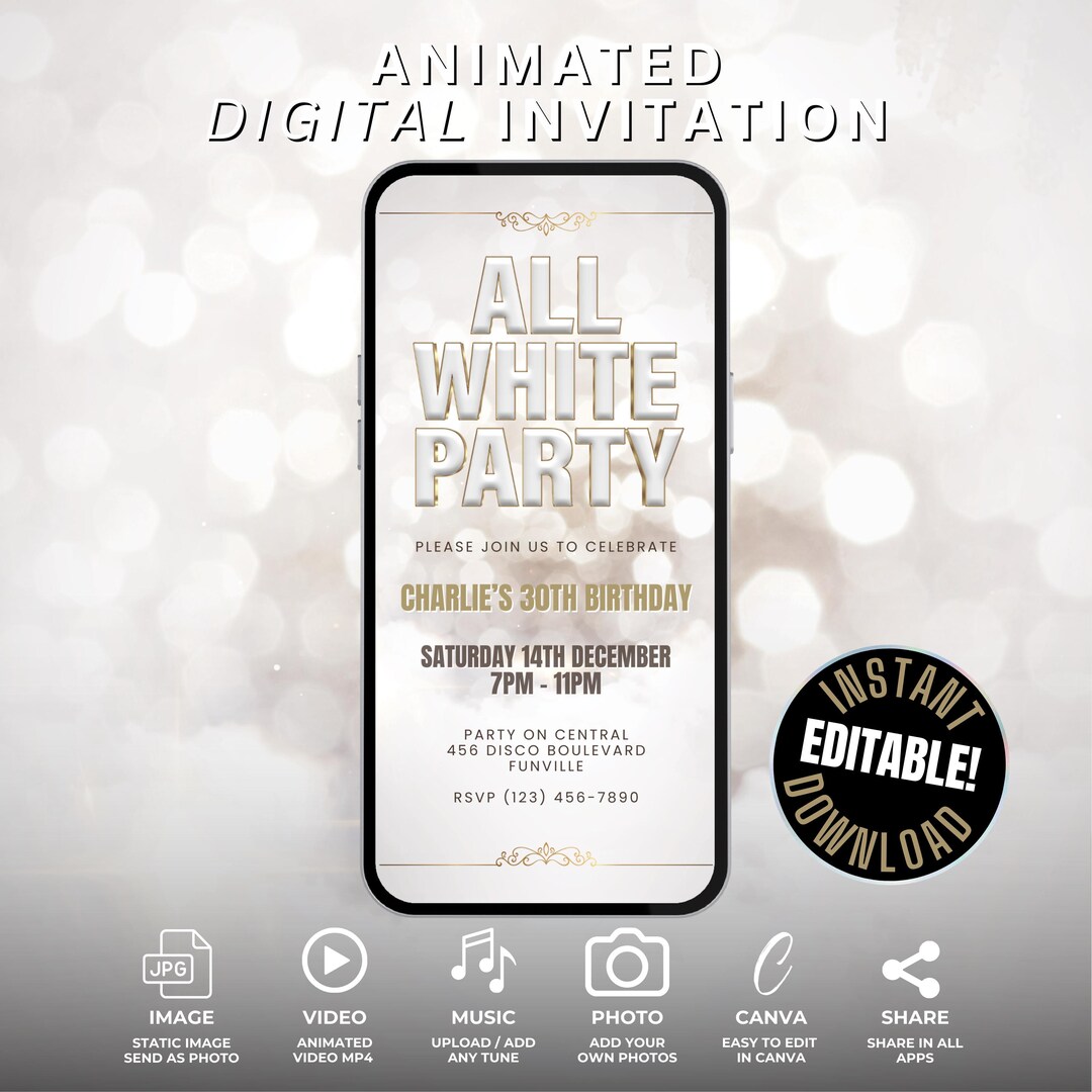 Self Edit All White Party Invitation Template, Birthday Dinner Invite ...