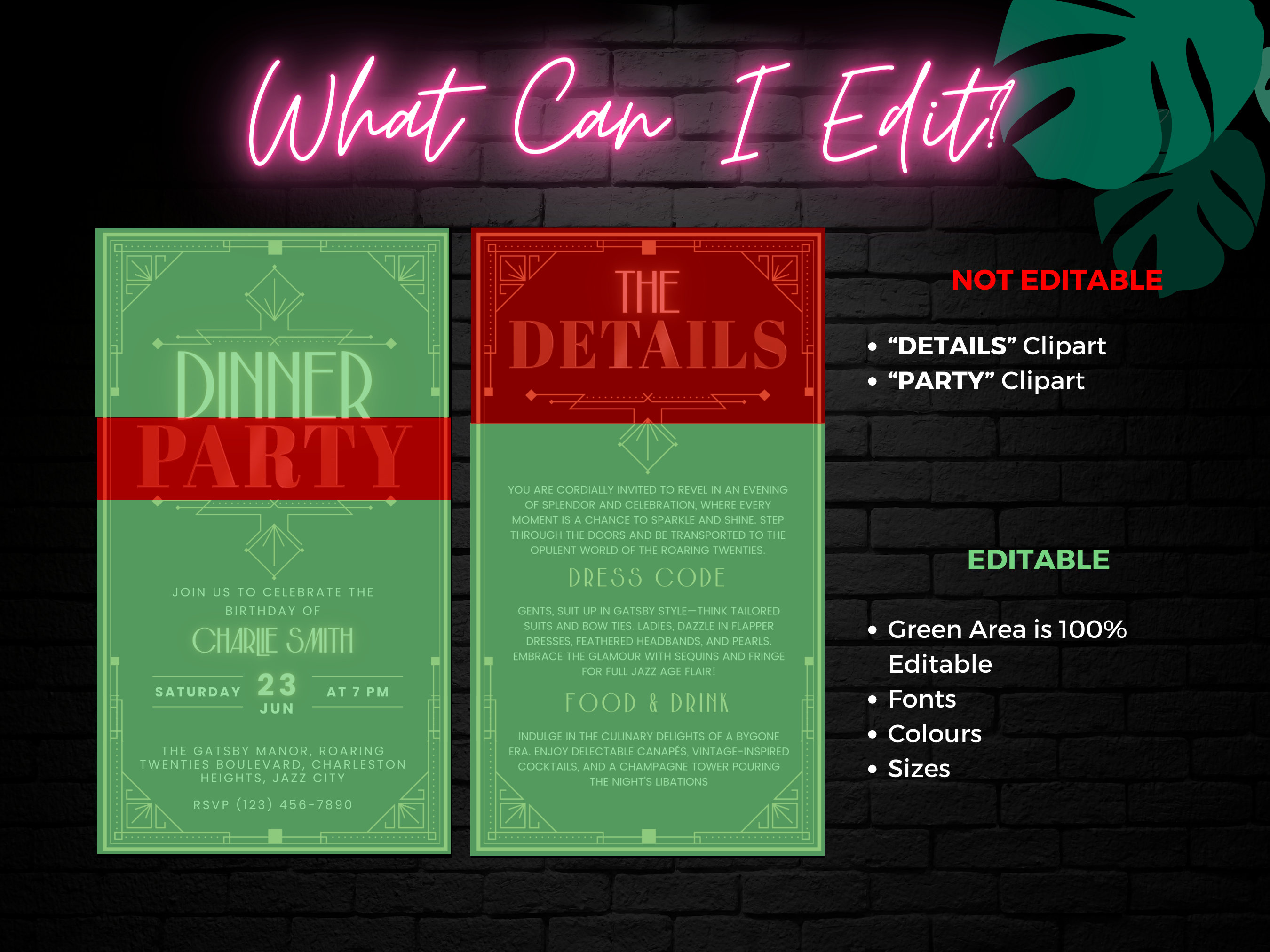 Editable Dinner Party Invitation Template, 1920s Gatsby Themed Invite ...