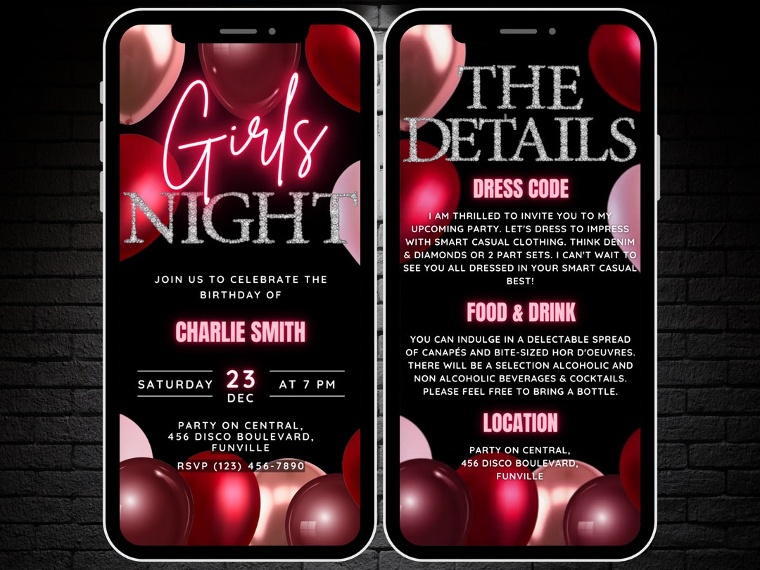 Animated Girls Night Digital Invitation Itinerary Template, Pink & Red ...