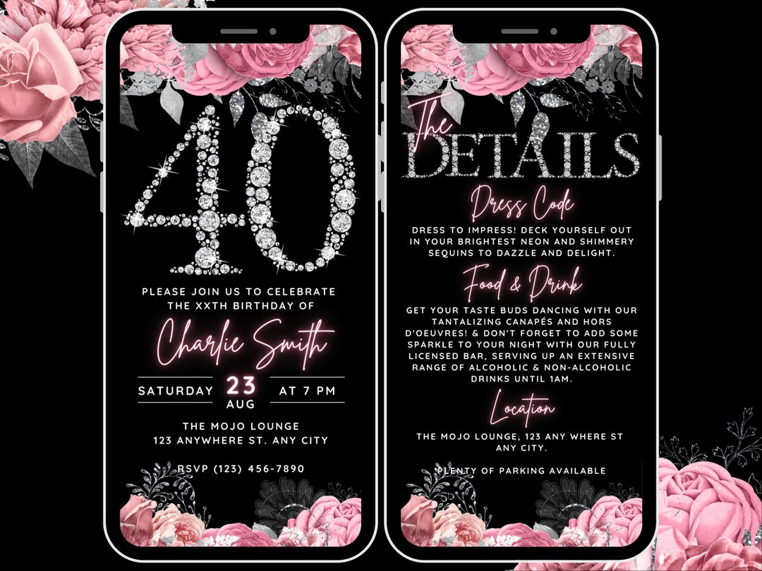 40th Birthday Digital Invite for Girls, 40th Birthday Invitation ...