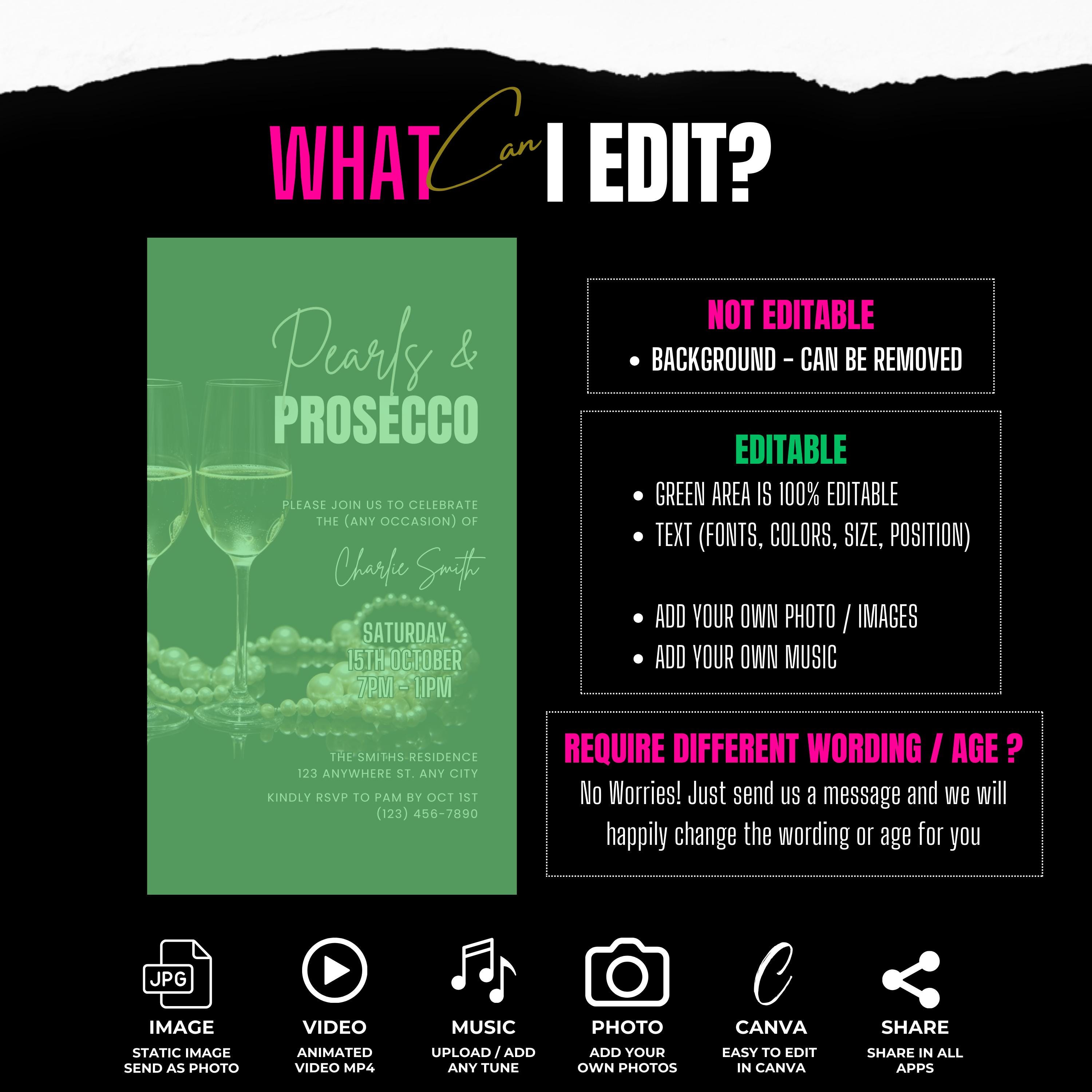 Digital Pearls & Prosecco Invitation Template, Self Edit Animated ...