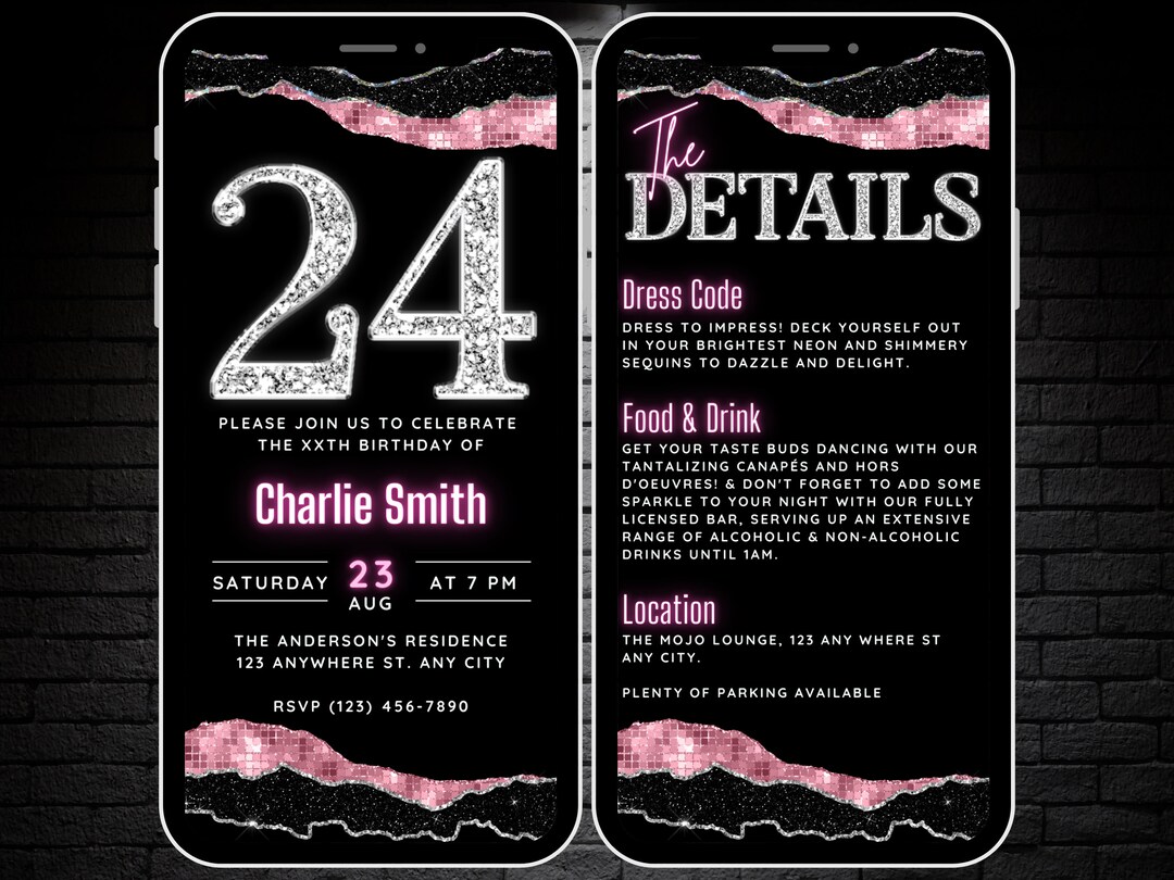 Digital 24th Birthday Invitation, 24th Diamond Invitation for Women ...