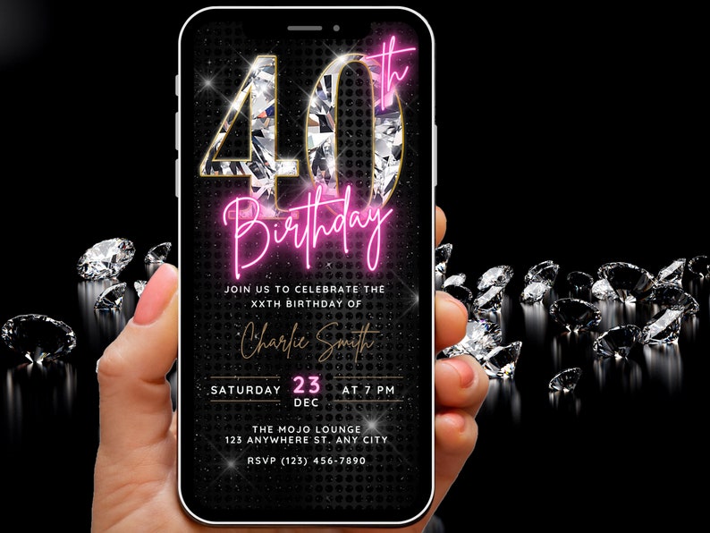 Animated 40th Birthday Invitation for Women, Diamond Invitation Digital ...