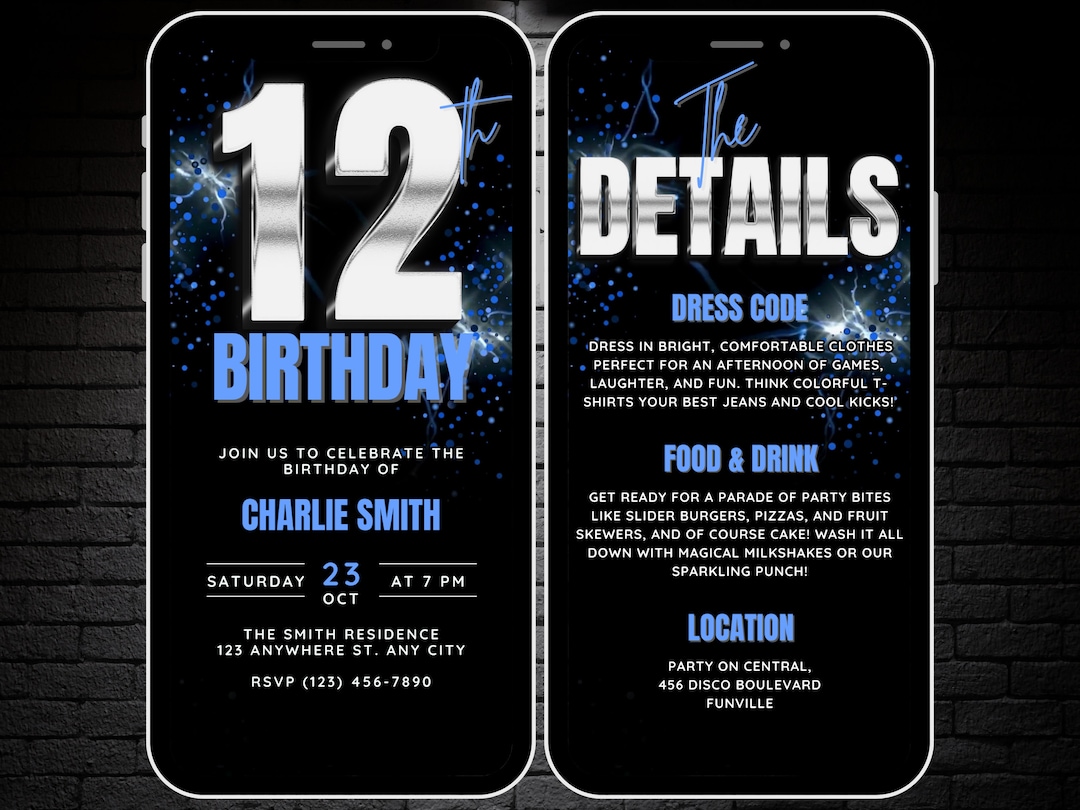 Boys 12th Birthday Invitation, Animated Silver Blue 12 Birthday Party ...