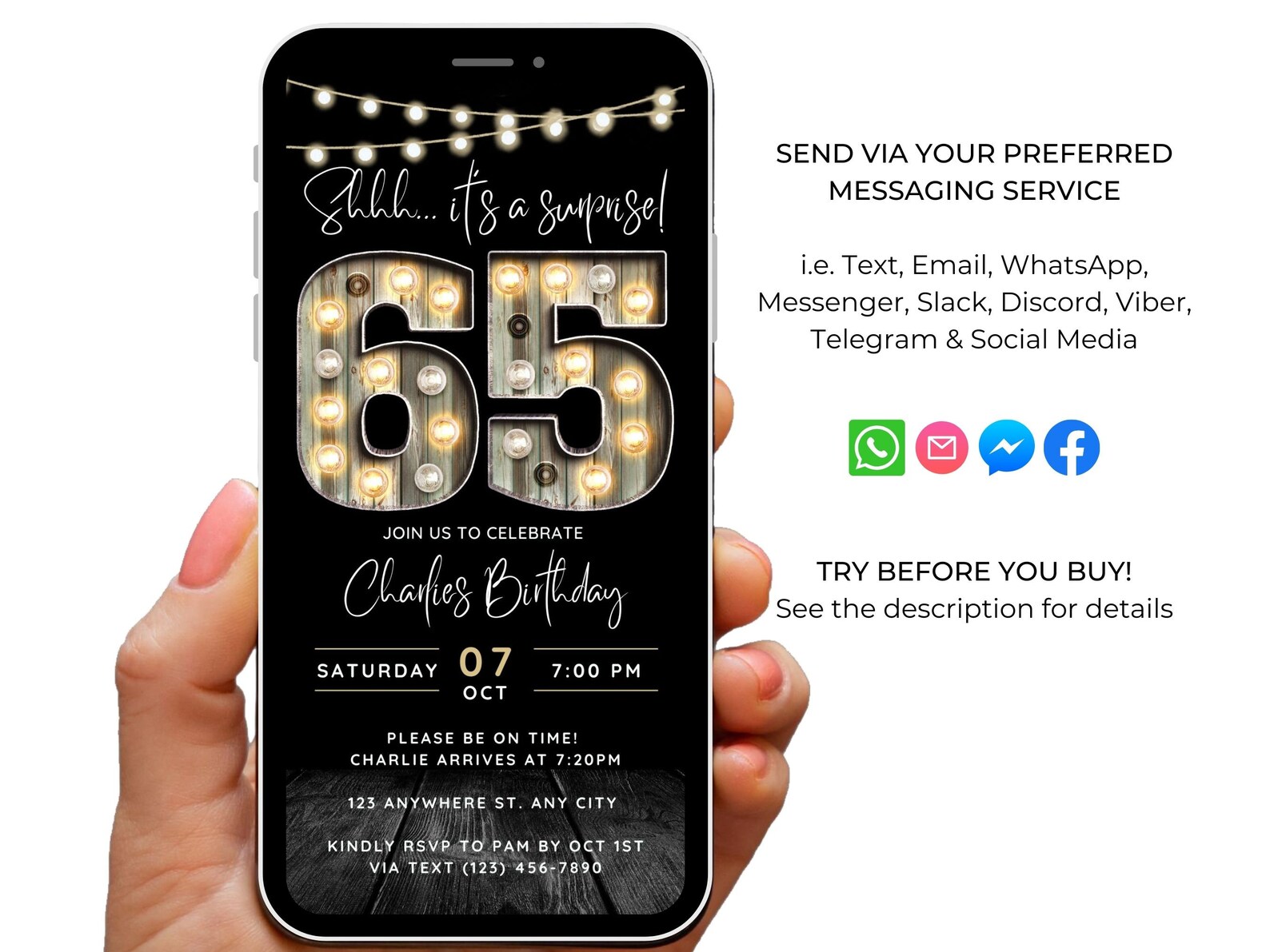 Surprise 65th Birthday Invitation for Men 65 Invite for Adults Phone ...