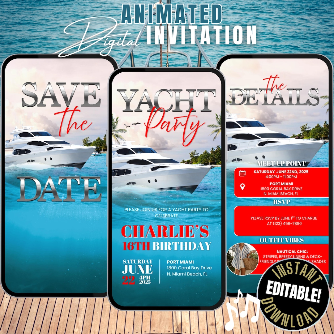 Silver Yacht Party Invitation Animated Boat Party Evite, Digital Yacht ...