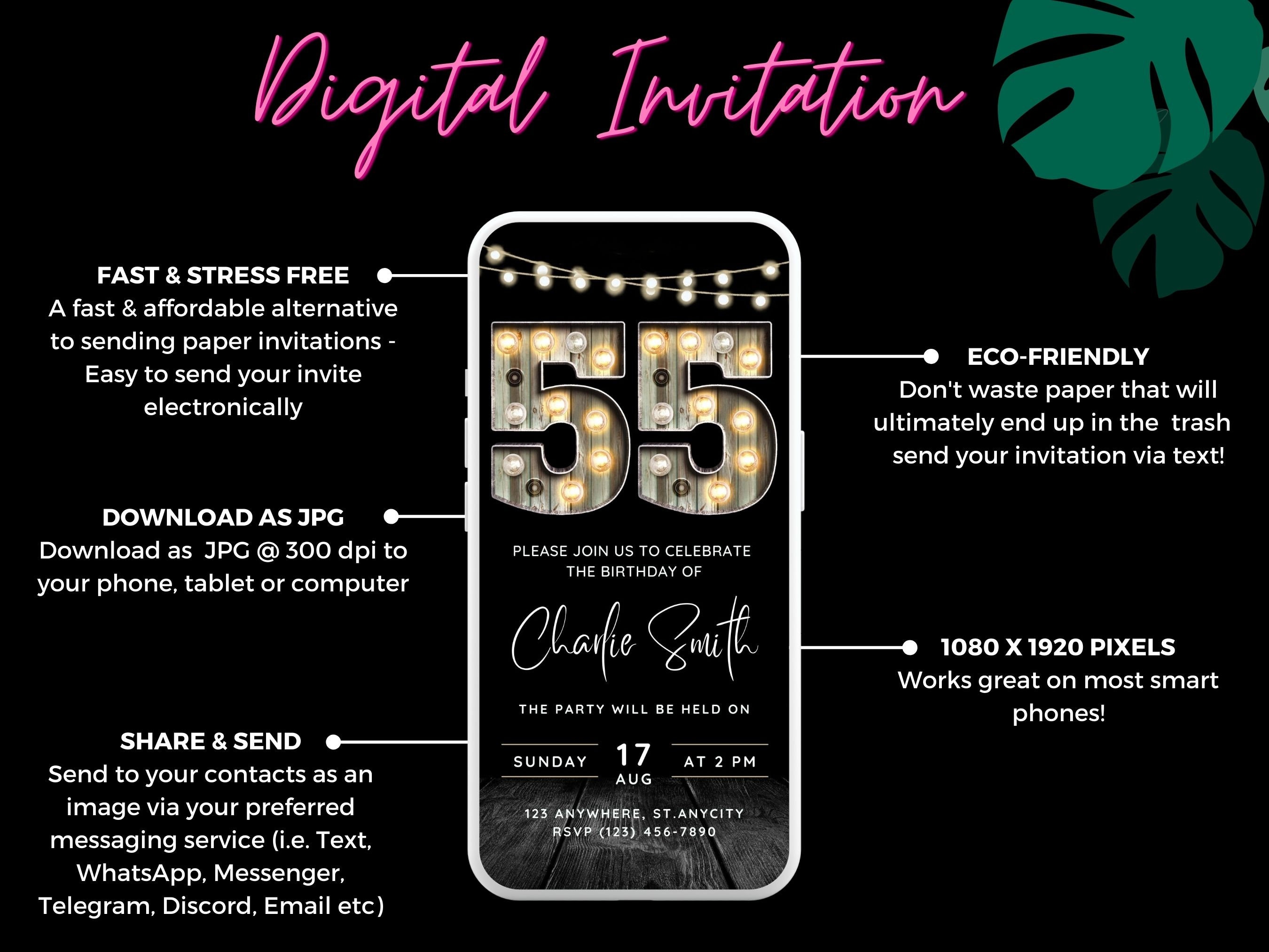 55th Birthday Party Invitation for Men, Invite for Adults, Electronic ...