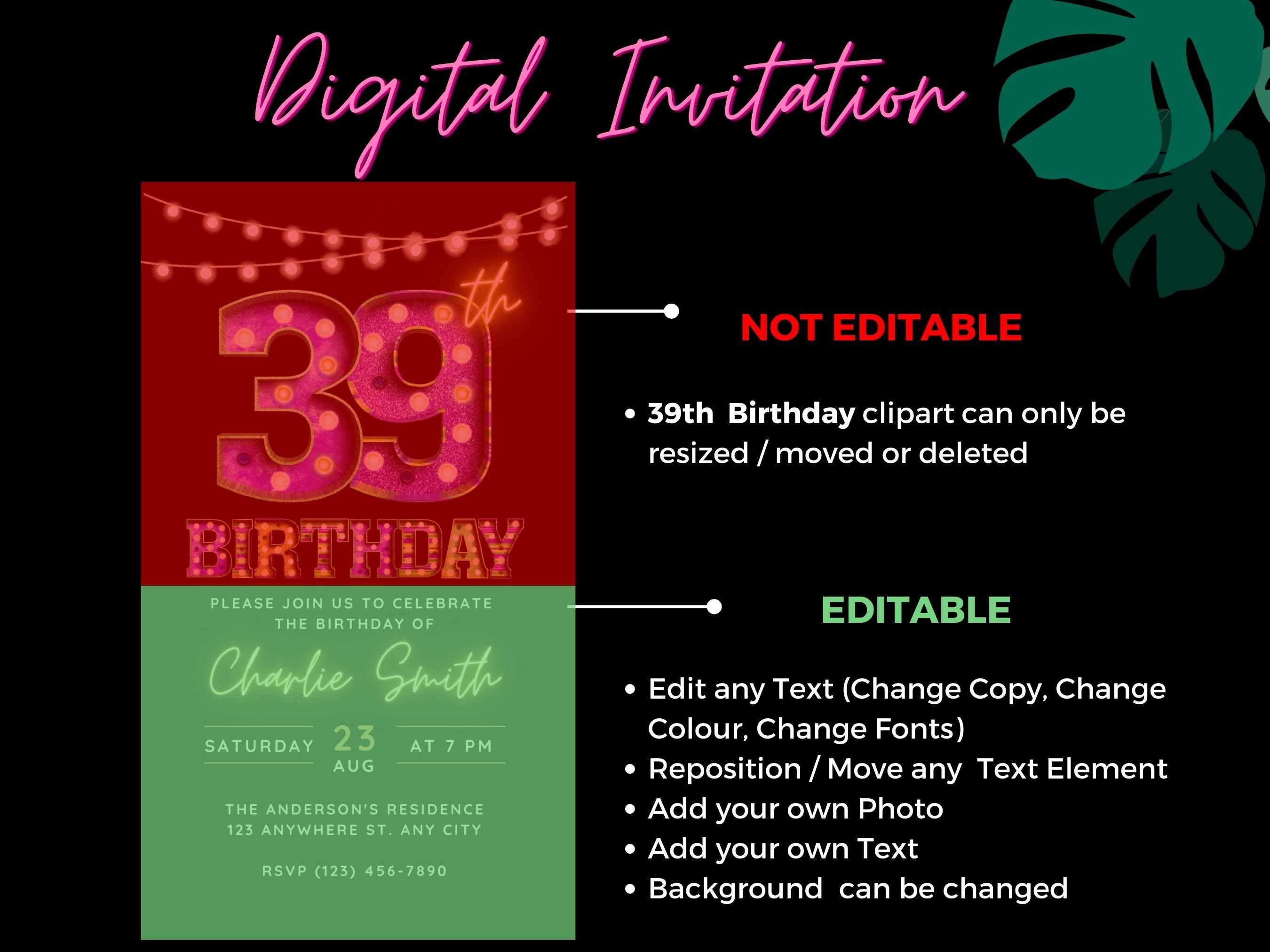 Editable 39th Birthday Invitation Template Digital Invite for Her, 39th ...