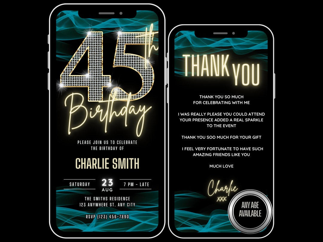 45th Birthday Invitation, Womens 45th Party Invitation Template, Aqua ...