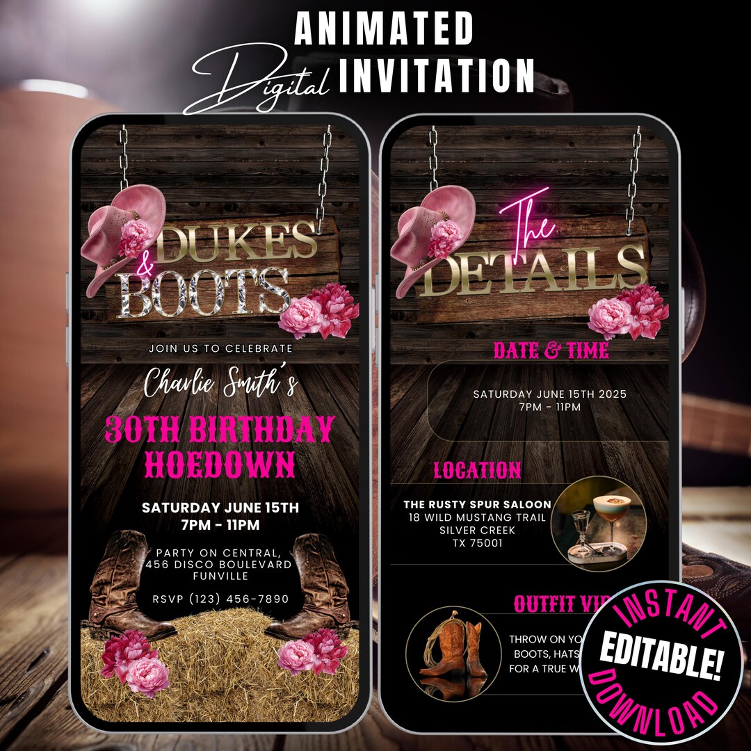 Digital Dukes & Boots Party Invitation Template, Birthday Hoedown ...