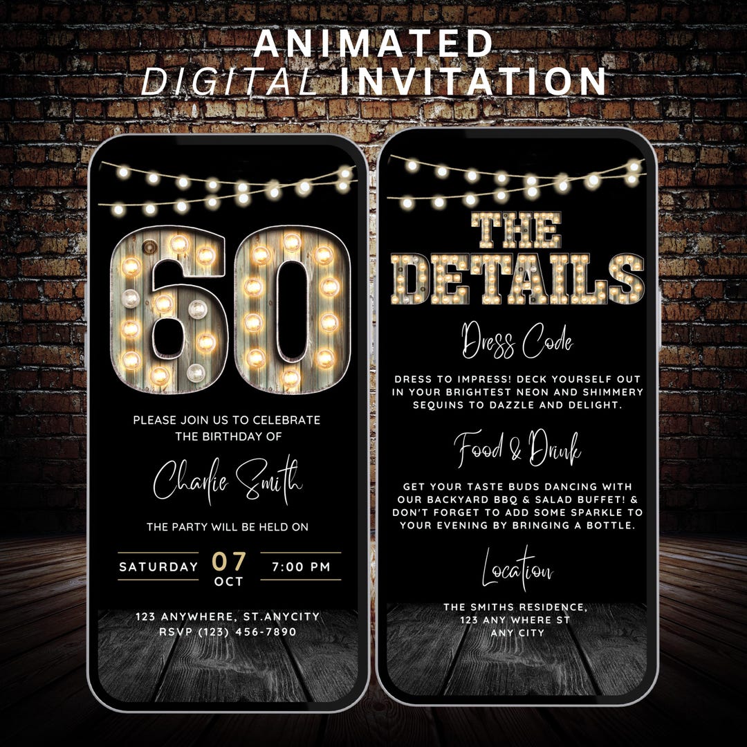 Digital 60th Birthday Invitation Template Rustic Marquee Lights 60th ...