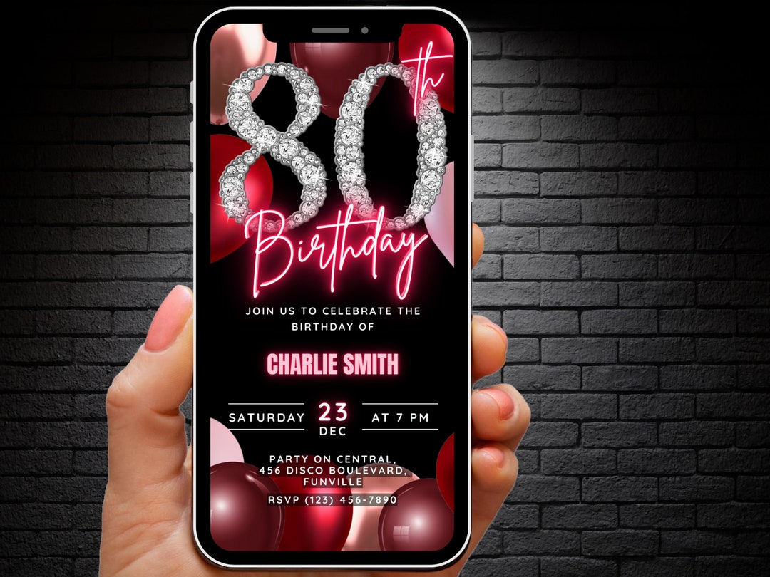 Womens 80th Birthday Invitation Template, Self Edit Animated Red Berry ...