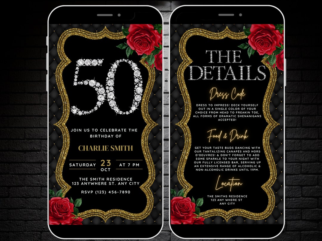 Womens 50th Birthday Invitation Template, Black Gold 50th Invite ...