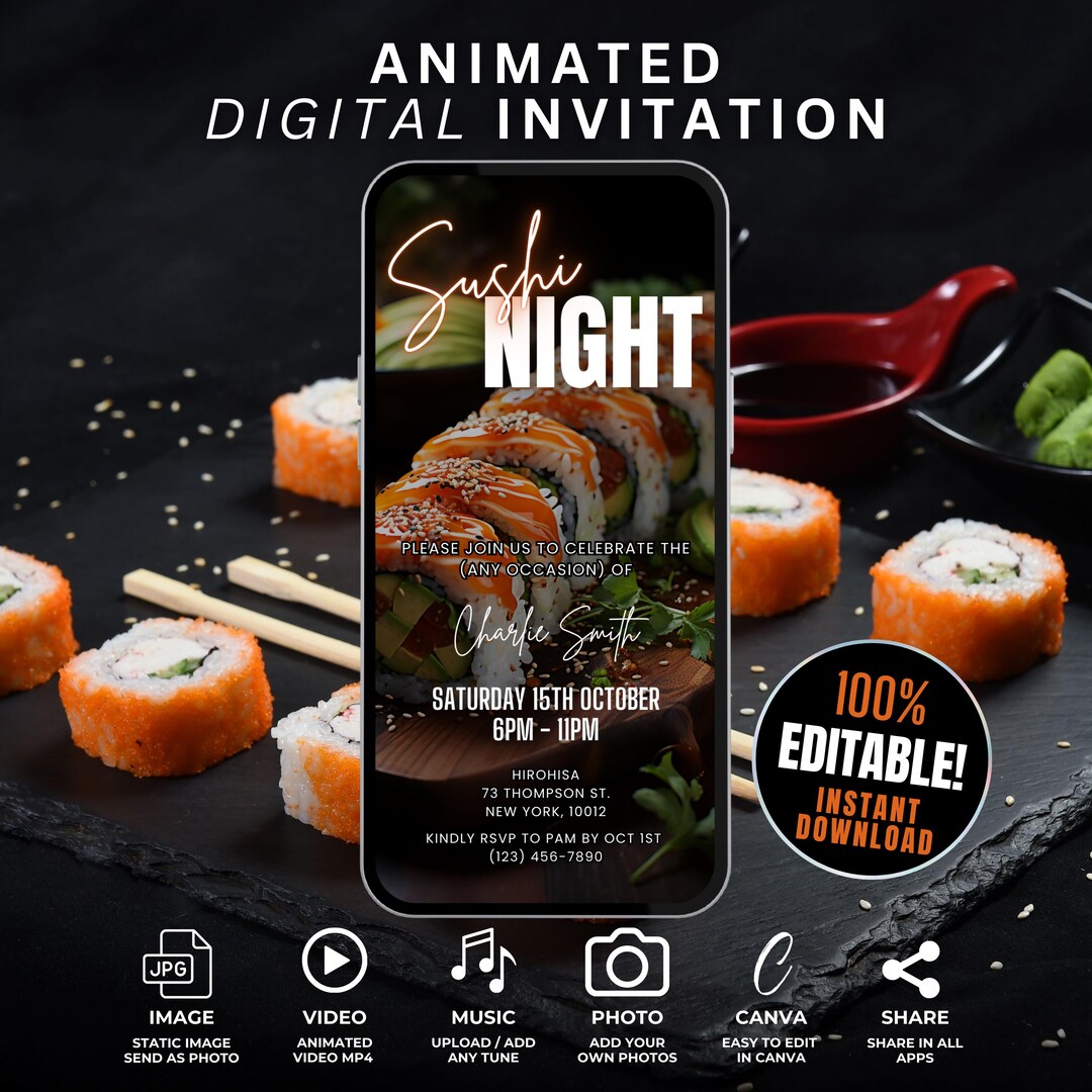 Digital Sushi Birthday Dinner Invitation, Editable Sushi Party Night ...