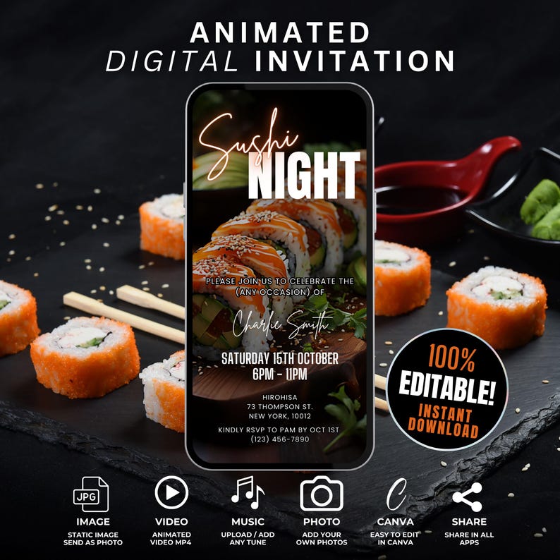 Digital Sushi Birthday Dinner Invitation, Editable Sushi Party Night ...