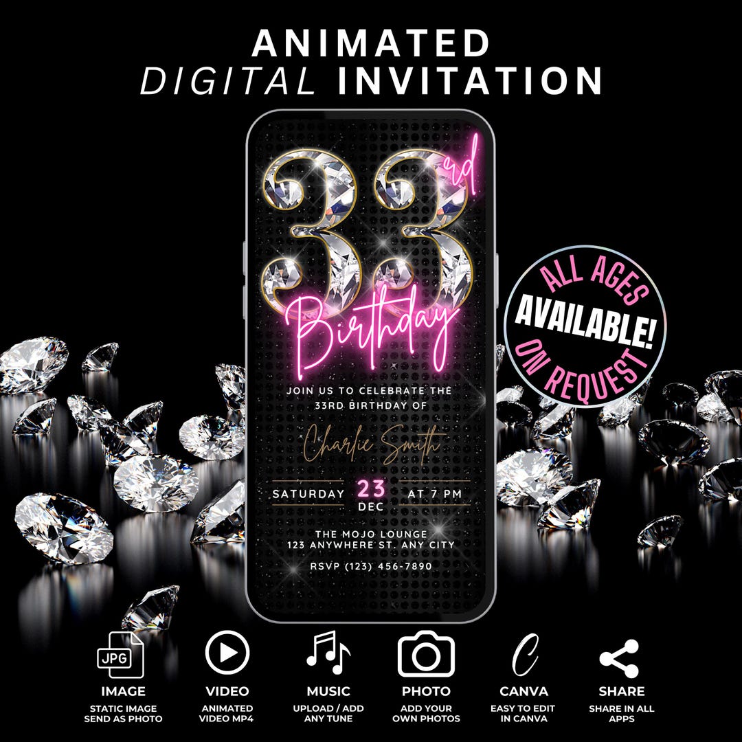 Animated 33rd Birthday Invitation for Women, Self Edit Glam Diamond ...