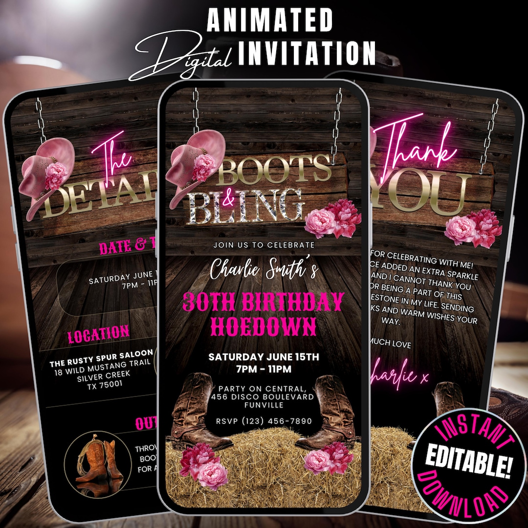 Digital Boots & Bling Invitation Template Cowgirls Birthday Hoedown ...