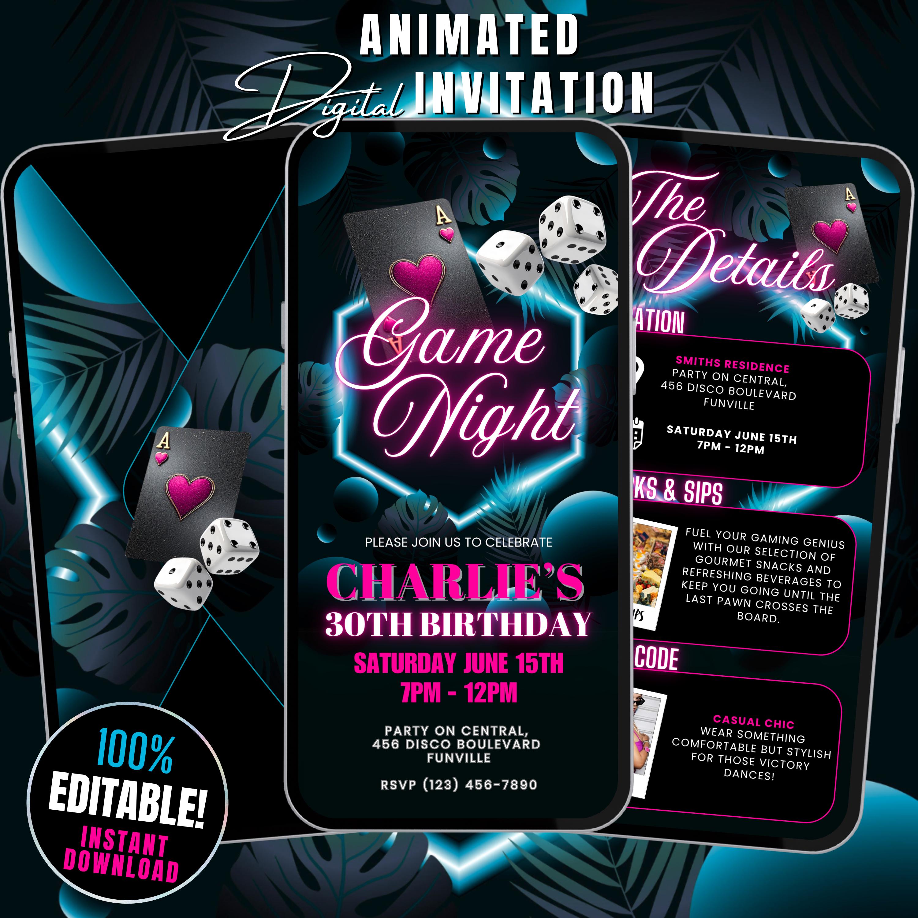Digital Birthday Game Night Invitation Template Editable Neon Blue ...