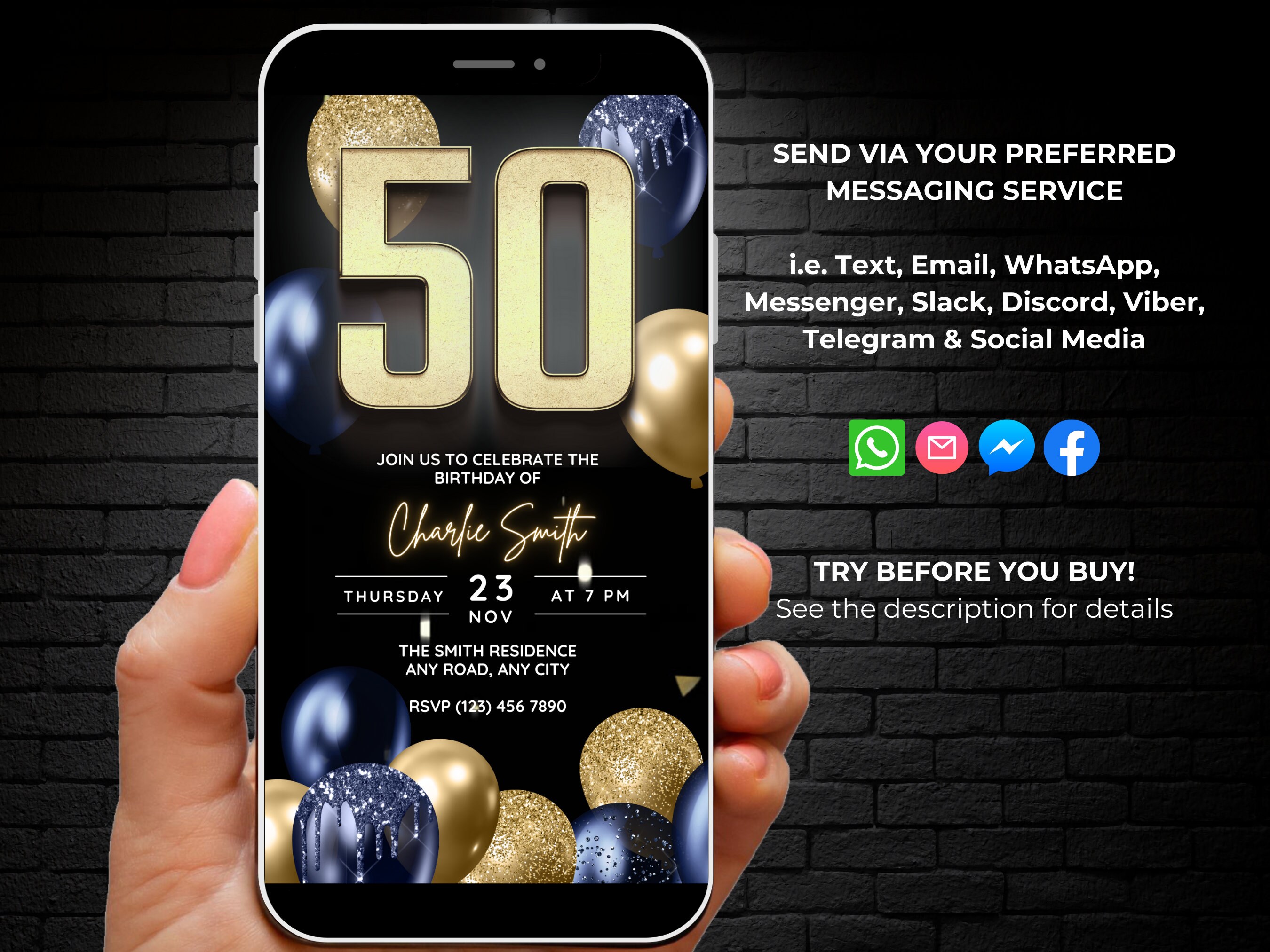 Animated 50th Birthday Invitation for Men Fifty Invite for Adults Phone ...