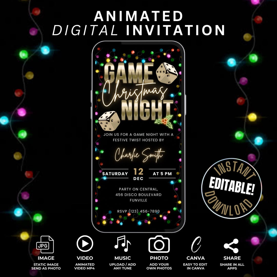Animated Christmas Game Night Party Invite Template, Editable Friendmas ...