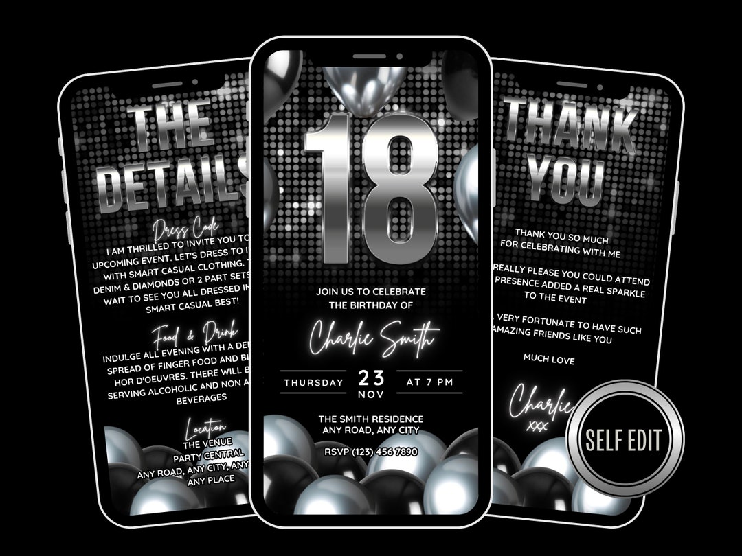 Animated 18th Birthday Invitation, Black & Silver 18 Party Invite ...