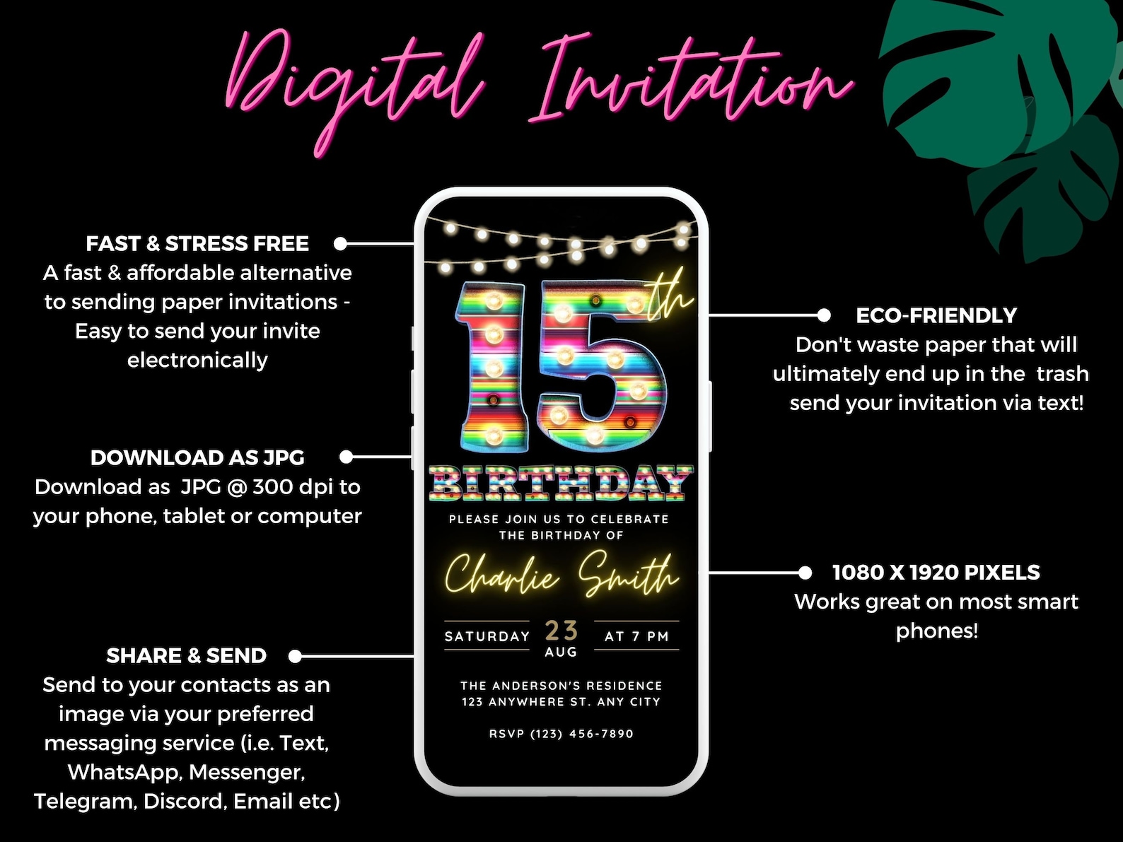 Editable 15th Birthday Invitation Template Digital Invite for Girls ...