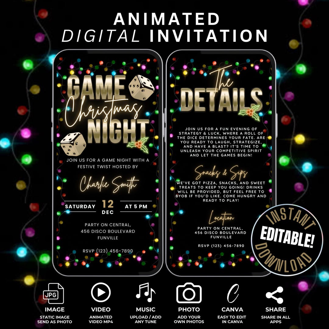 Digital Christmas Game Night Party Invitation Itinerary Template ...