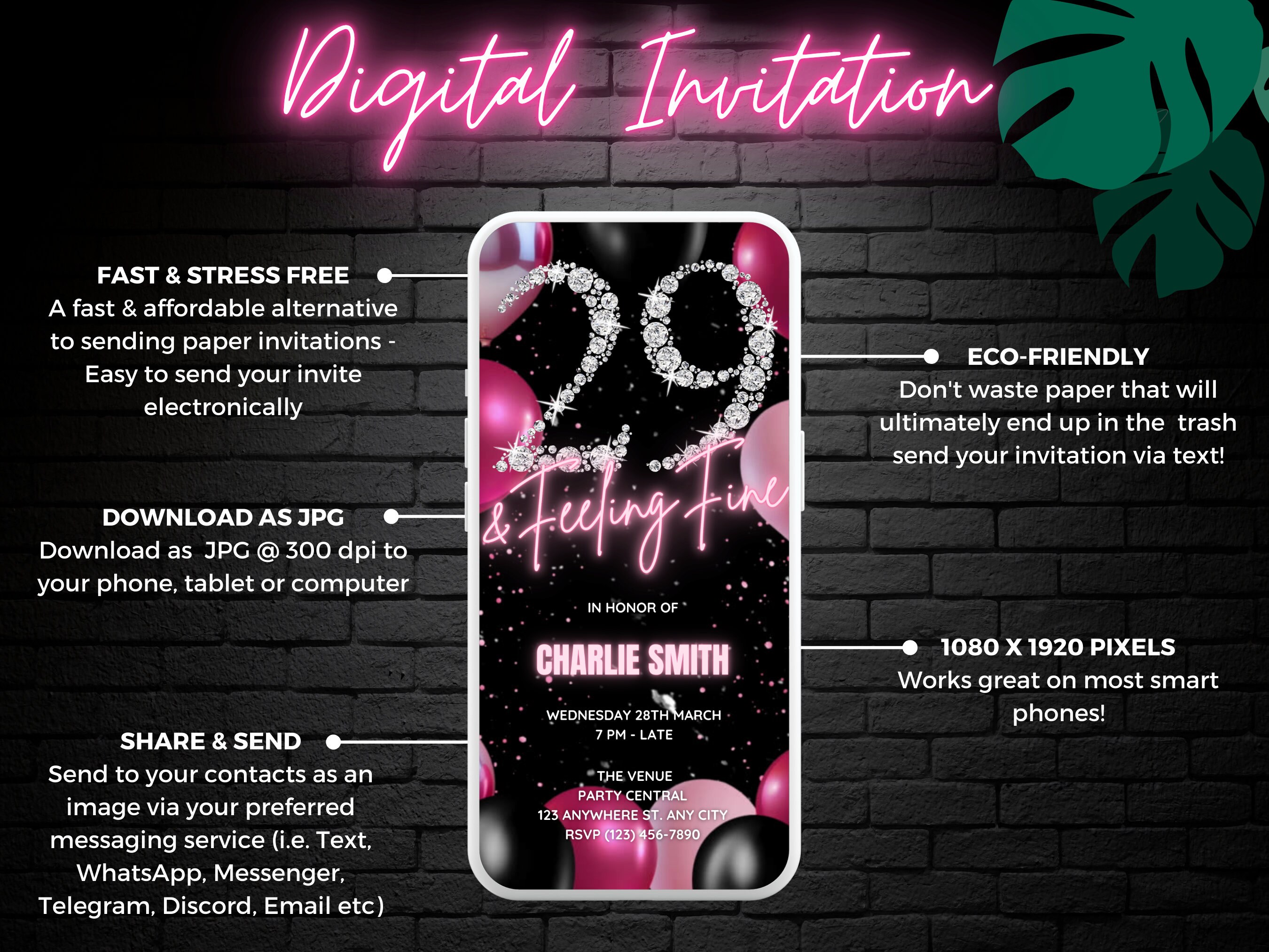 29th Birthday Invitation for Women, 29 and Feeling Fine Invite, Pink ...
