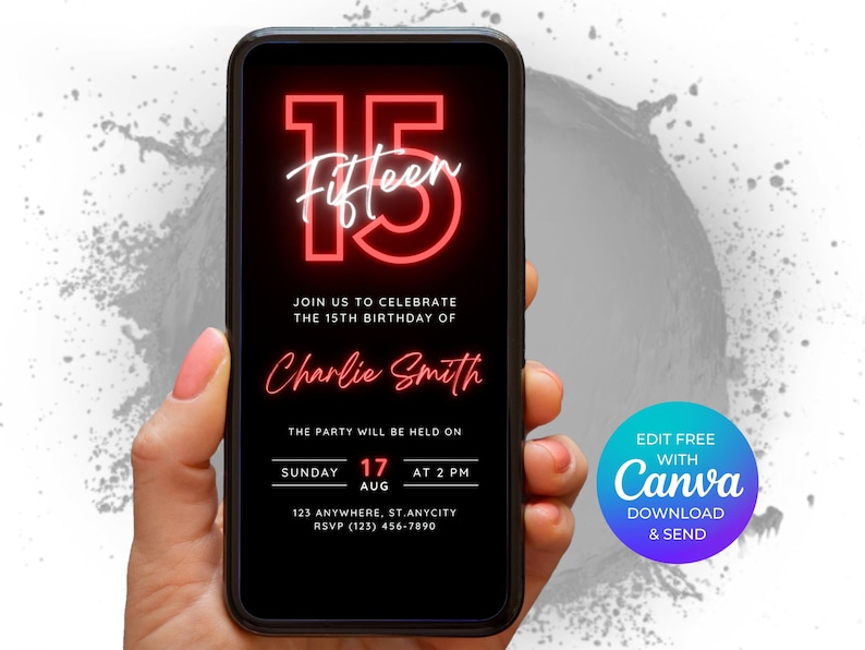 15th Red Neon Invite Boy Digital 15th Party Invitation - Etsy