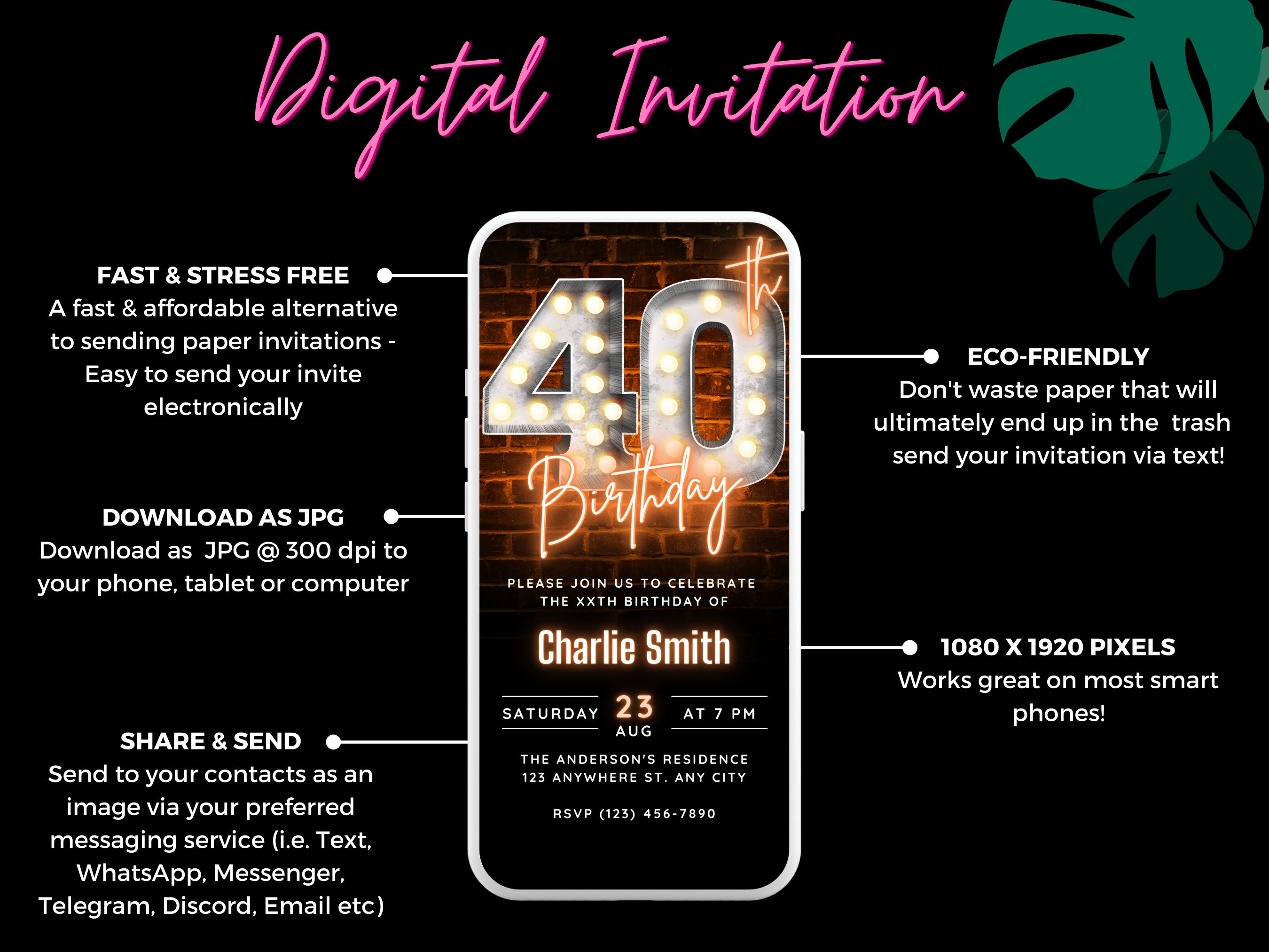 Editable 40th Birthday Invitation for Women Men Digital - Etsy