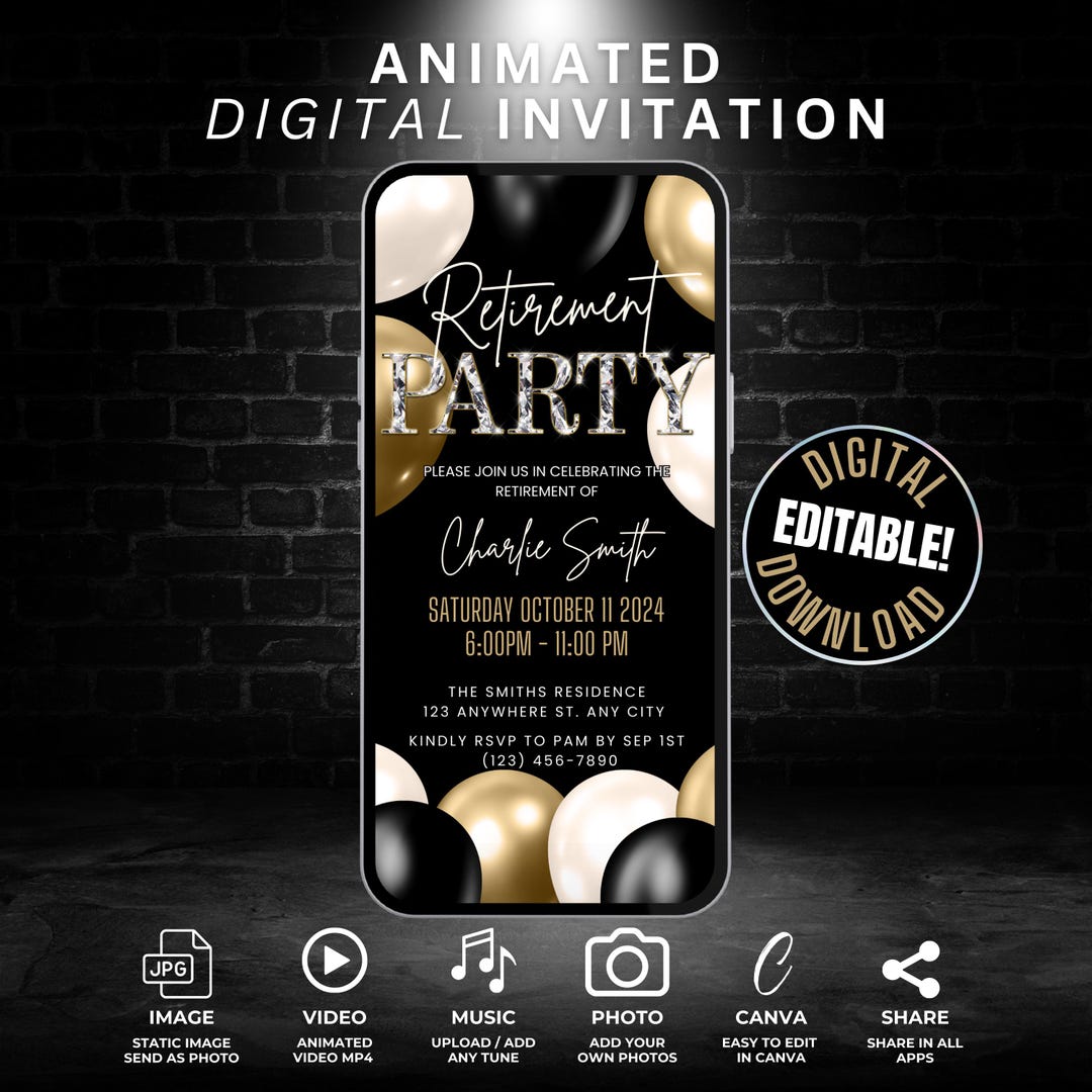 Digital Retirement Announcement Party Invitation for Women Black Gold ...