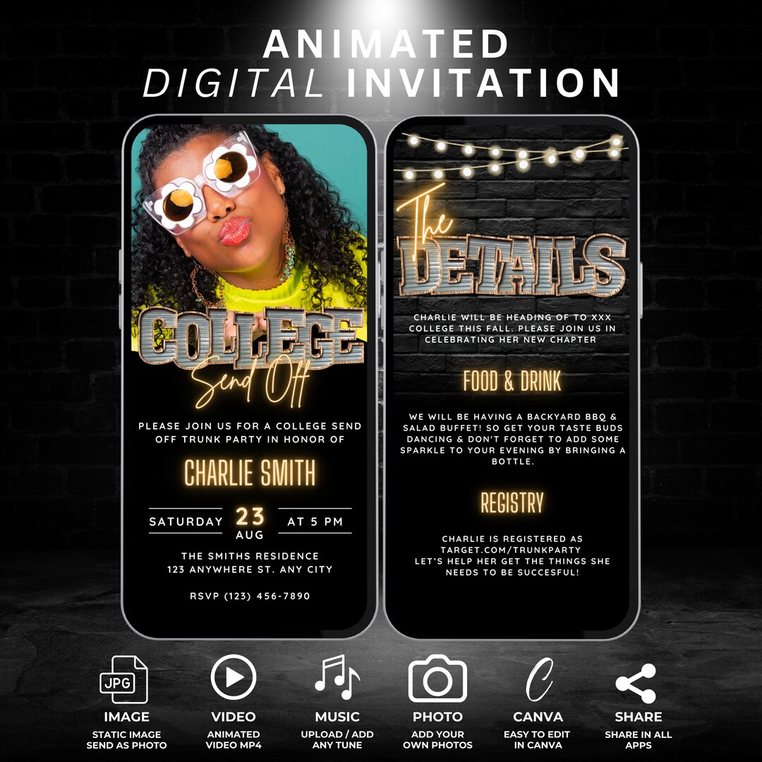 Digital College Send off Invitation, Animated Trunk Party Invite, Going ...