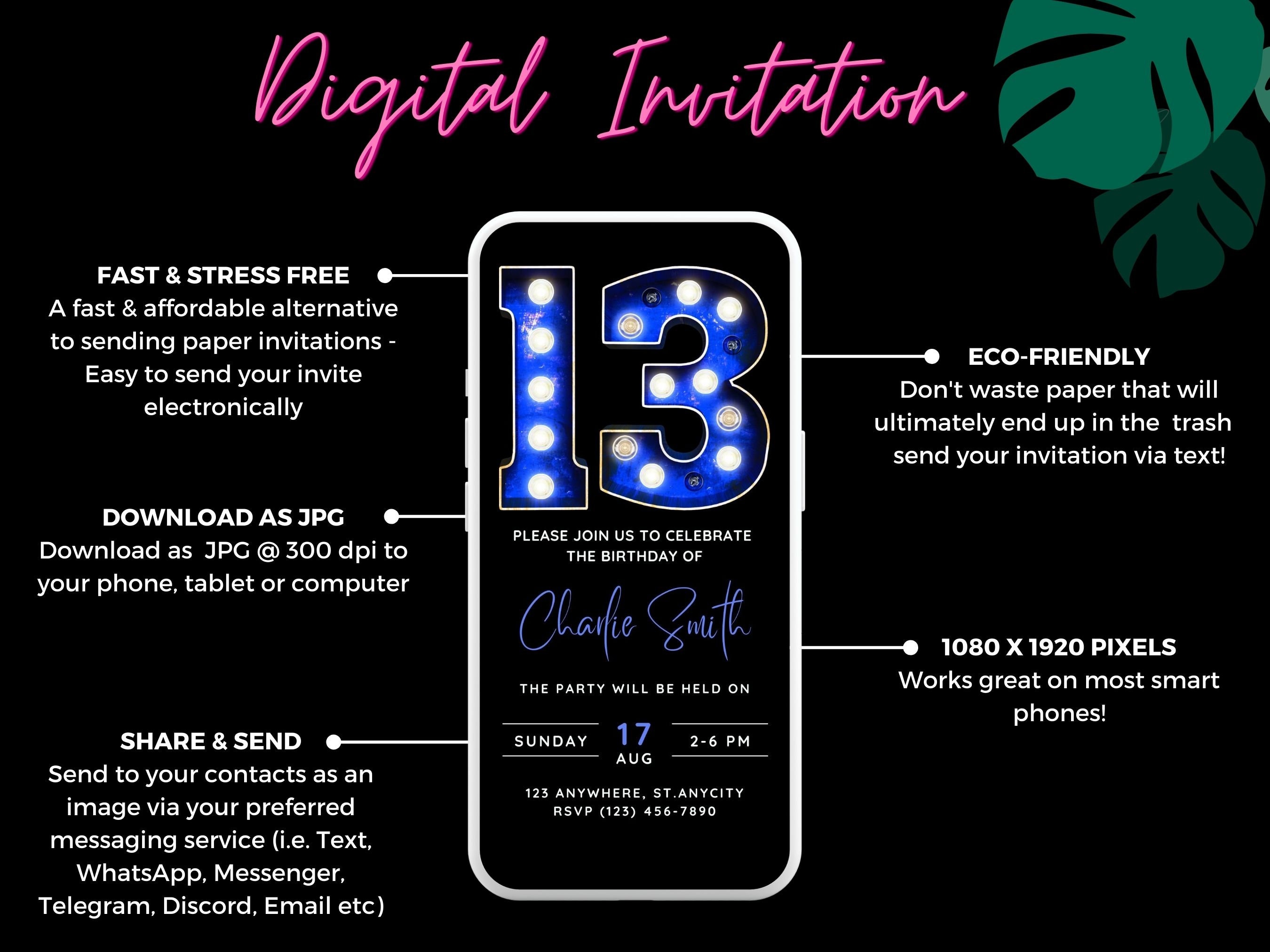 Text Invite 13th Birthday Invitation for Boys, 13 Year Old Birthday ...