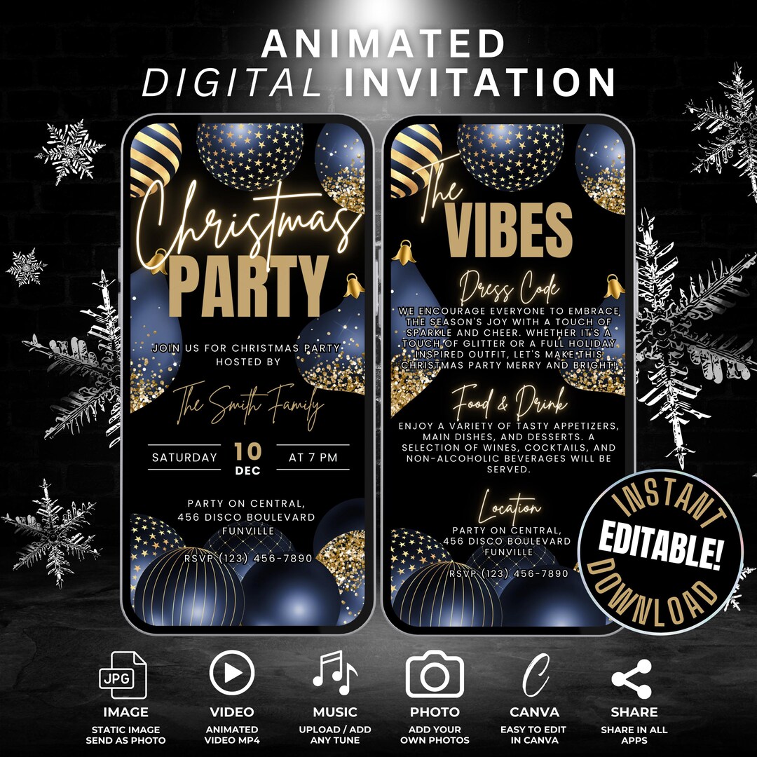 Digital Christmas Party Invitation Template, Editable Holiday ...