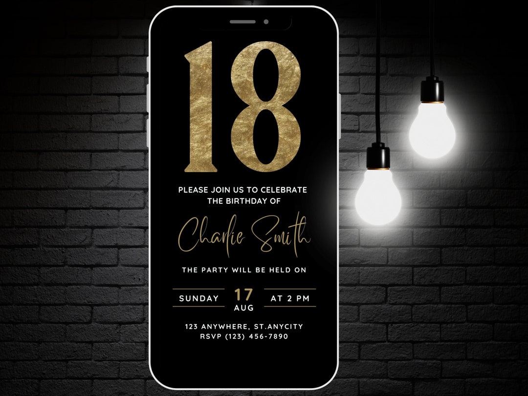 18th Birthday Invite Digital Invitation, Minimalist Black & Gold ...