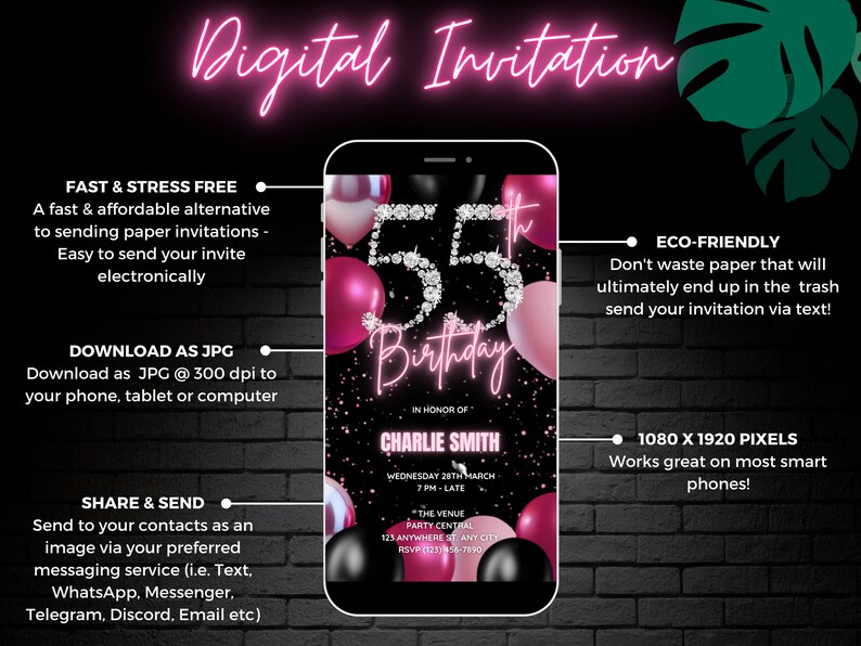 55th Birthday Invitation for Women, Animated 55th Bday Party Invite for ...